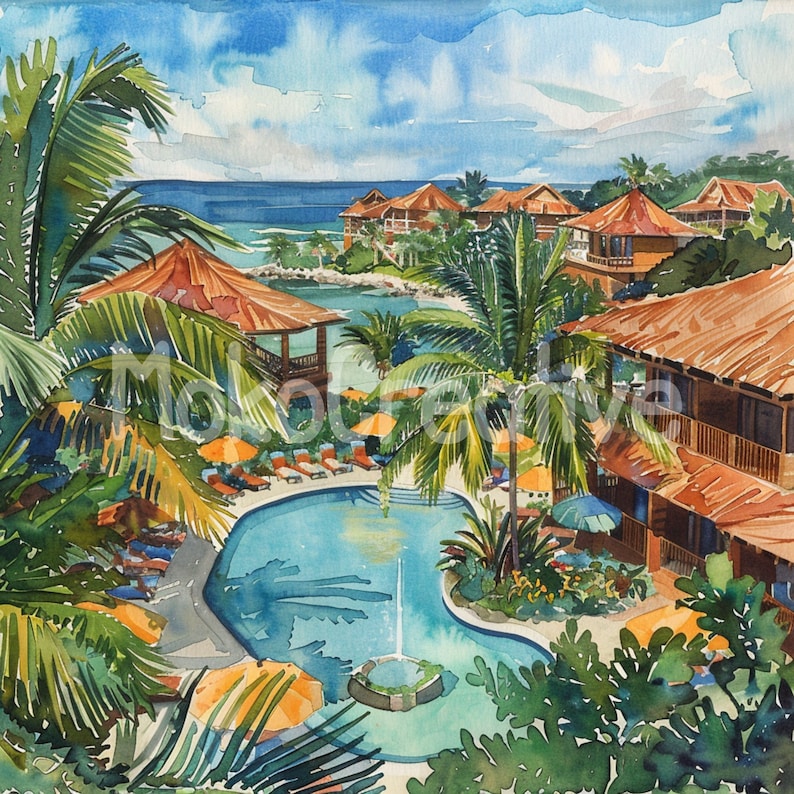 Watercolor Tropical Resort Clipart: Caribbean Vacation Designs (digital ...