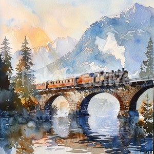 Watercolor Train Art Prints: Locomotive on Bridge Designs (digital ...