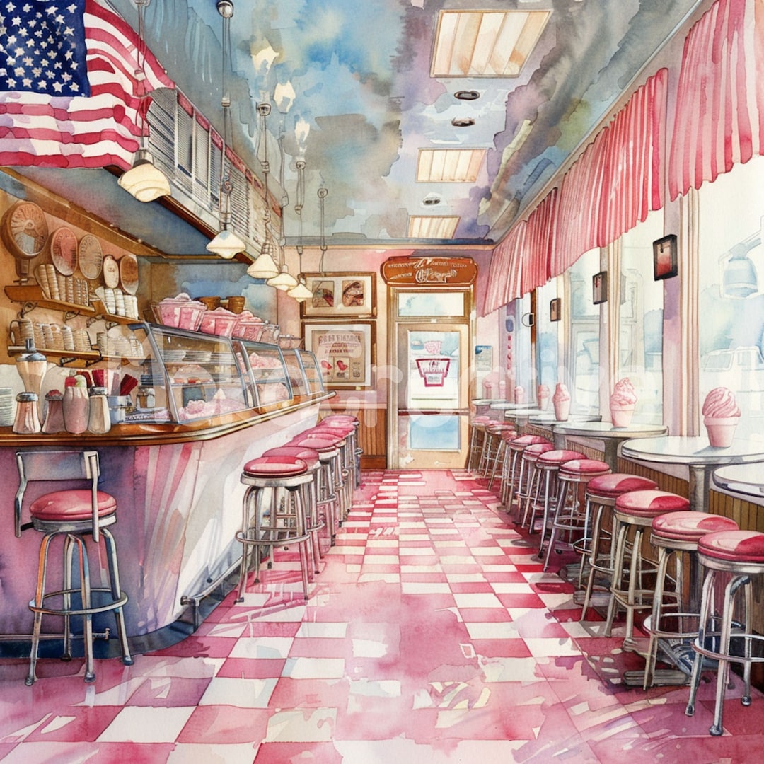 15 High Quality Retro Ice Cream Shop Design Watercolor Ice Cream Parlor ...