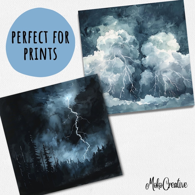 Watercolor Thunderstorm Clipart: Lightning Bolt Art, Commercial Use ...