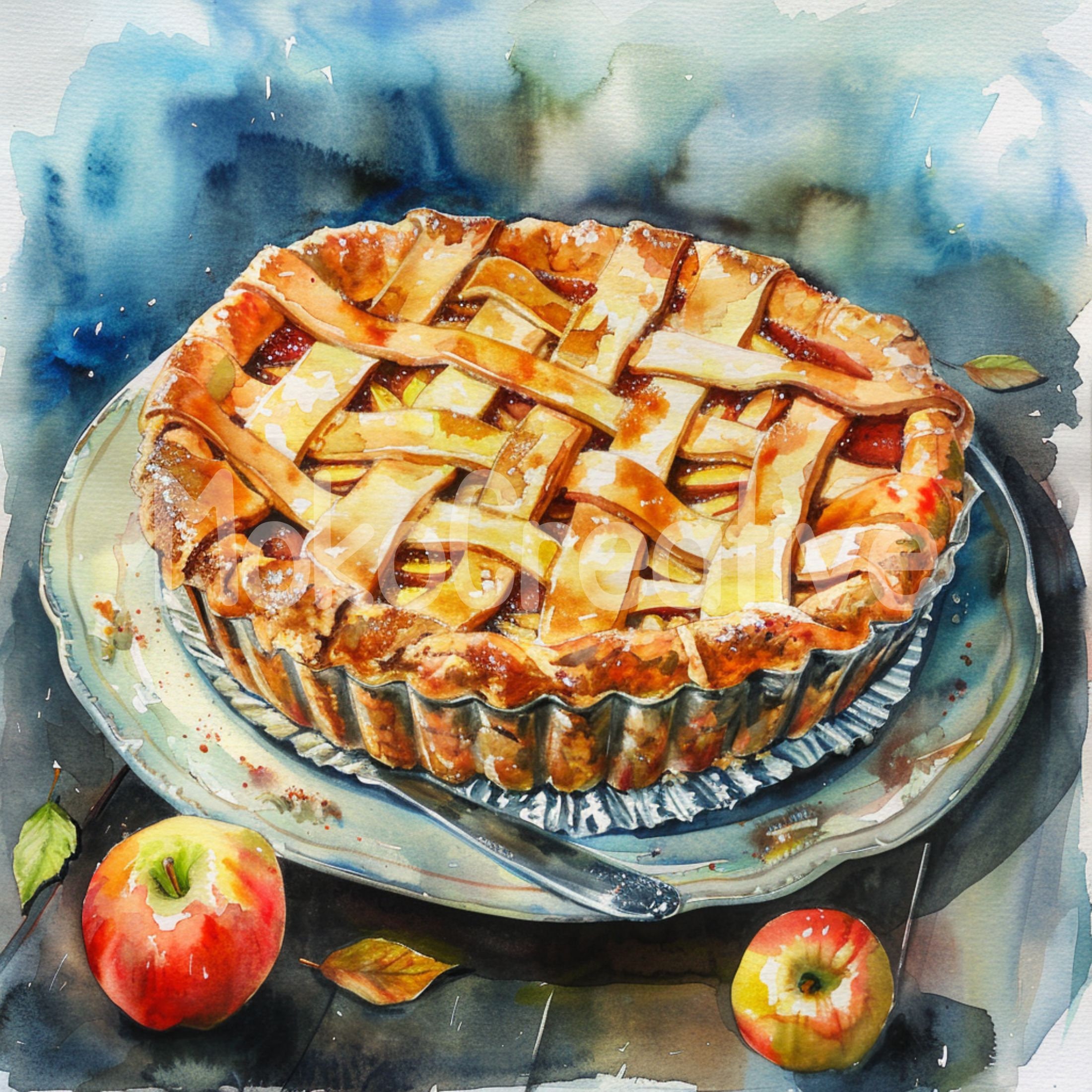 12 High Quality Apple Pie Design JPG, Watercolor Home Made Cake Wall ...