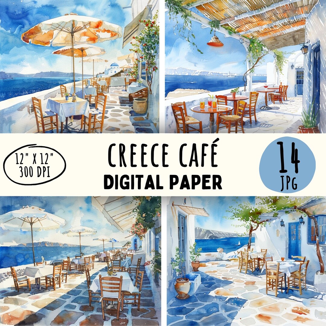 14 High Quality Greece Café Designs, Watercolor Summer Santorini, Geek ...