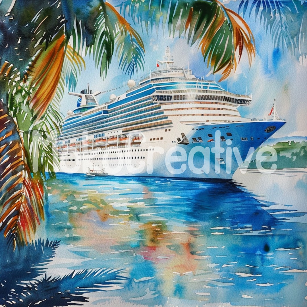 11 High Quality Cruise Ship Designs, Watercolor Tropical Vacation Wall ...