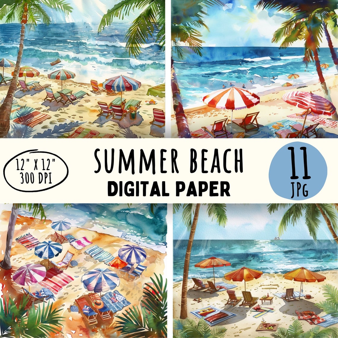 Watercolor Summer Beach Designs: Tropical Landscape Prints (digital ...