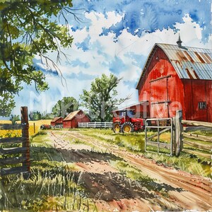 Red Barn Watercolor Clipart: Summer Farm Landscape (digital Download ...