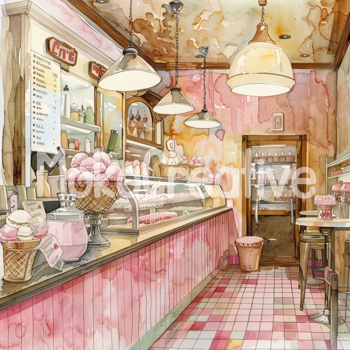 Retro Ice Cream Parlor Watercolor Art Print: Commercial Use (digital ...