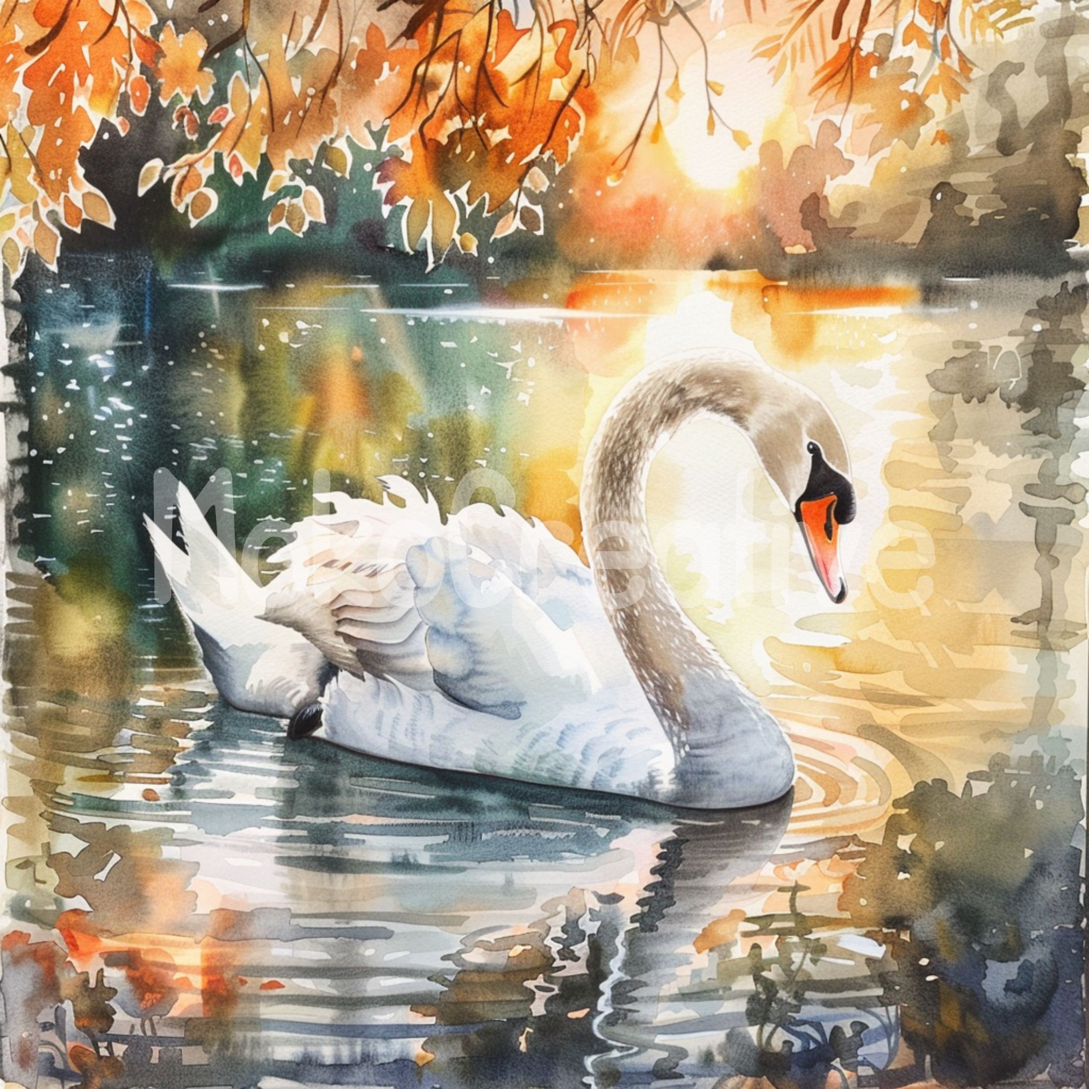 Watercolor Swan Lake Art Prints, Elegant Bird Illustration (digital ...