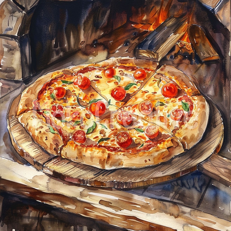 13 High Quality Pizza Design JPG, Watercolor Restaurant Stone Oven Food ...