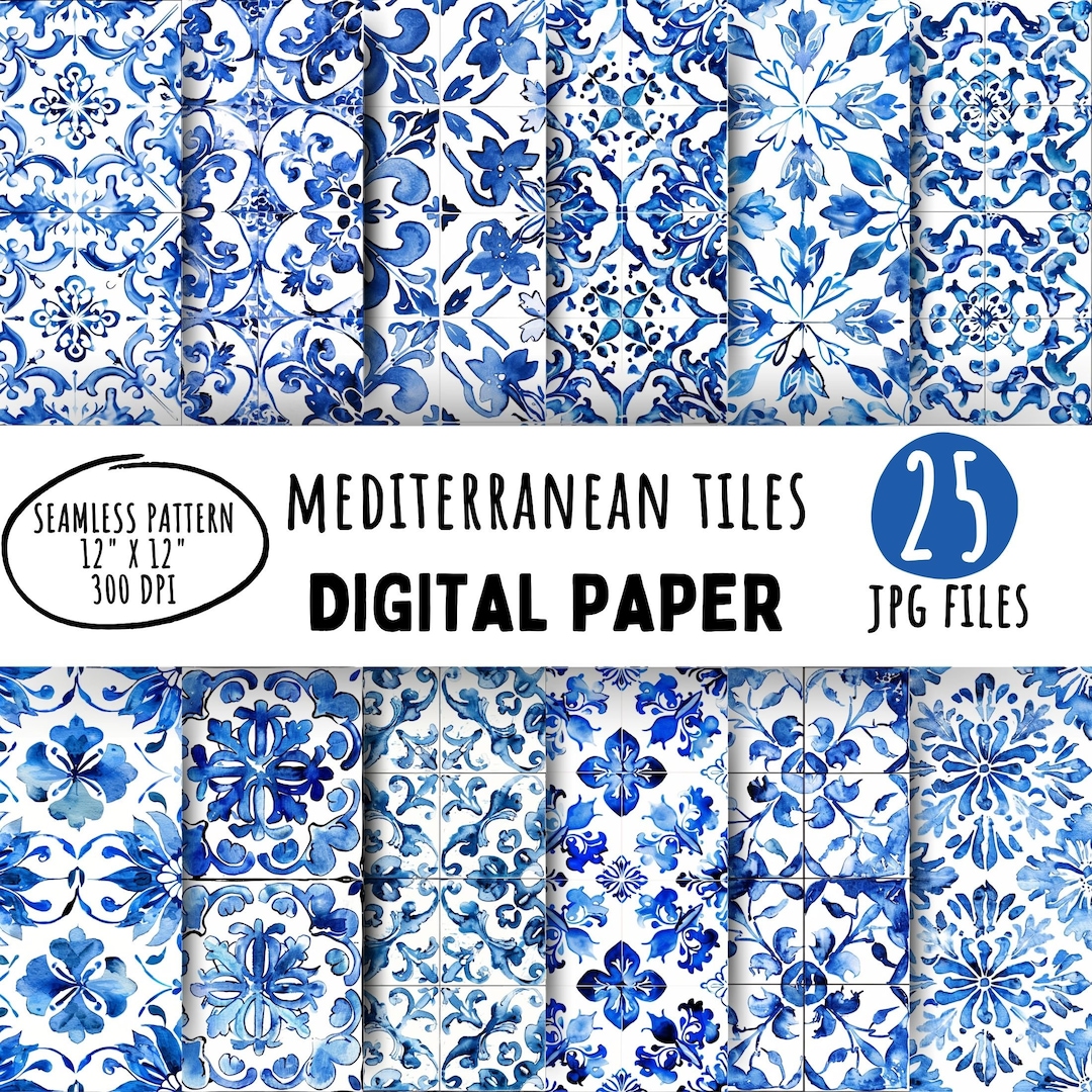 25 Watercolor Mediterranean Tiles Digital Papers: Blue Azulejo Designs ...