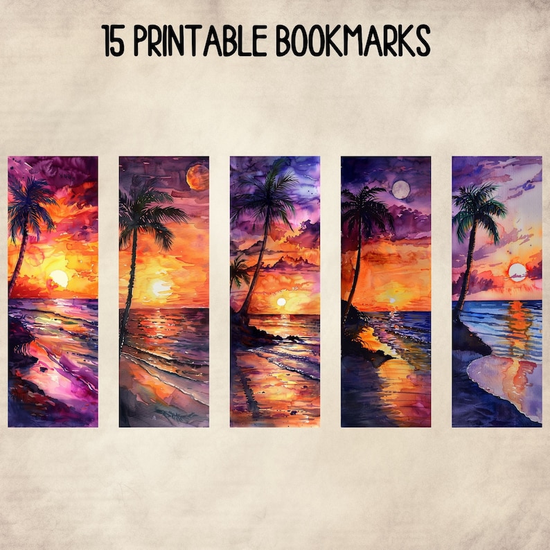 15 Beach Sunset Bookmark Printables, High Quality Watercolor Tropical ...