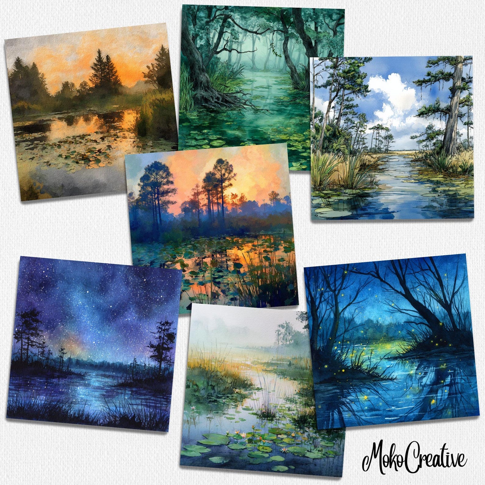 Watercolor Swamp Landscape Clipart: Wetlands, Bayou, Marsh (PNG Digital ...