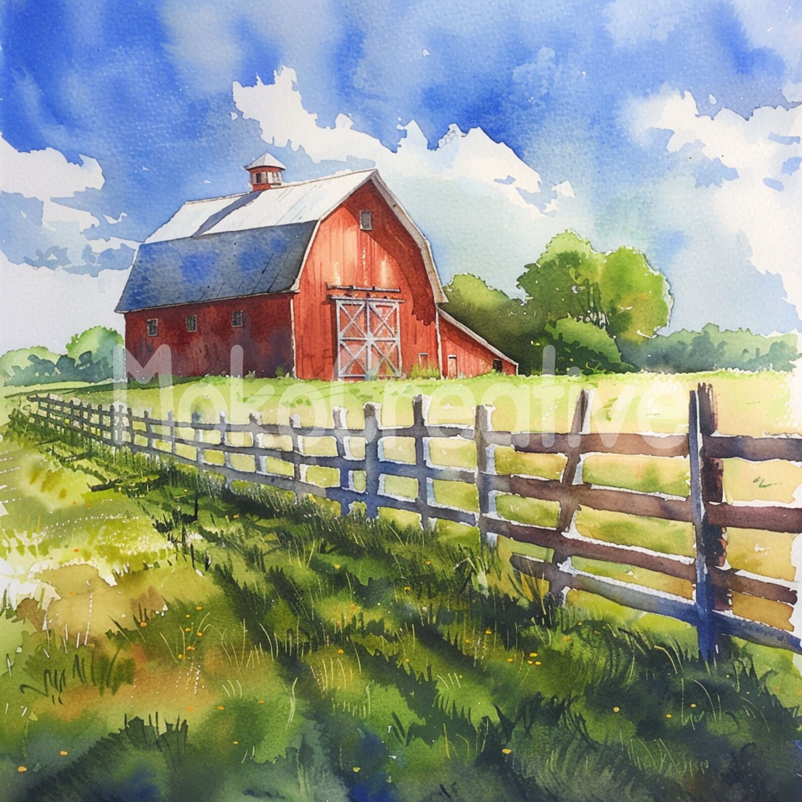 Red Barn Watercolor Clipart: Summer Farm Landscape (digital Download ...