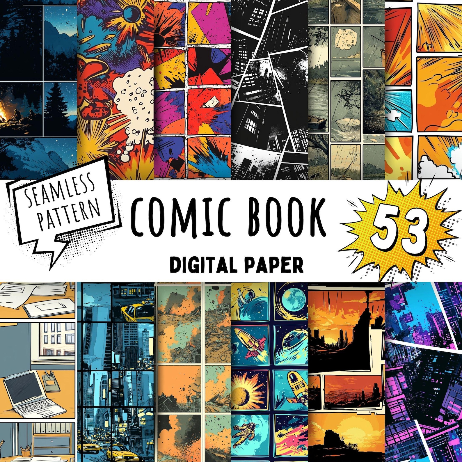53 Comic Book Digital Papers, Seamless Cartoon Comic Pages Patterns ...