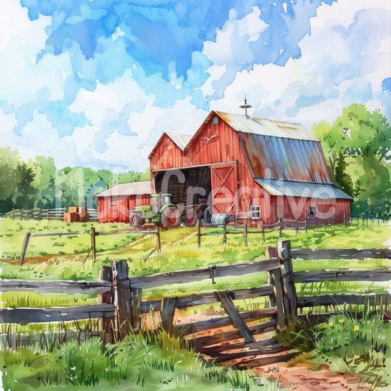 Red Barn Watercolor Clipart: Summer Farm Landscape (digital Download ...