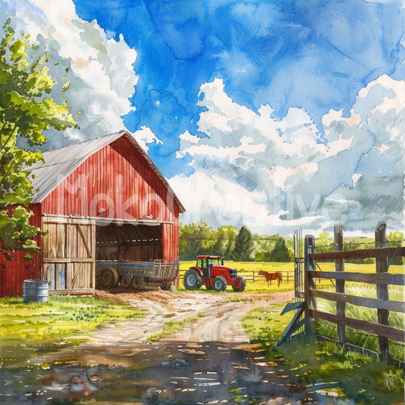 Red Barn Watercolor Clipart: Summer Farm Landscape (digital Download ...