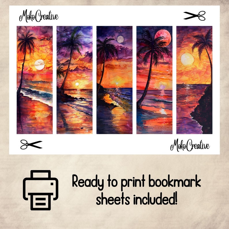 15 Beach Sunset Bookmark Printables, High Quality Watercolor Tropical ...