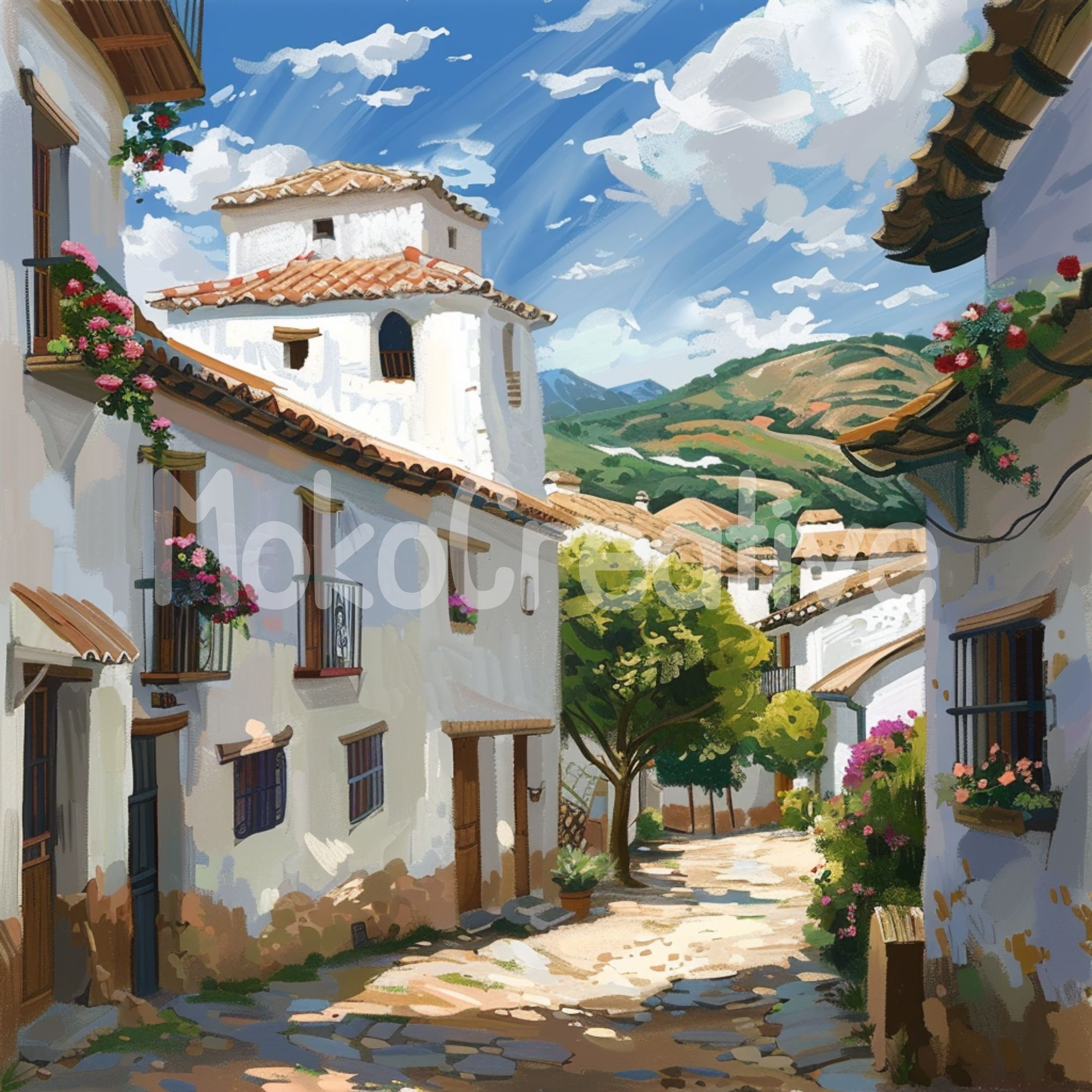 16 High Quality Spanish Village Designs, Watercolor Summer Town Wall ...