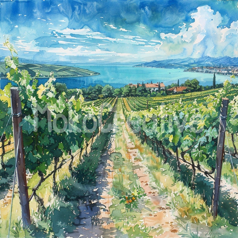 Watercolor Vineyard Print Set: French Winery Landscape (digital ...