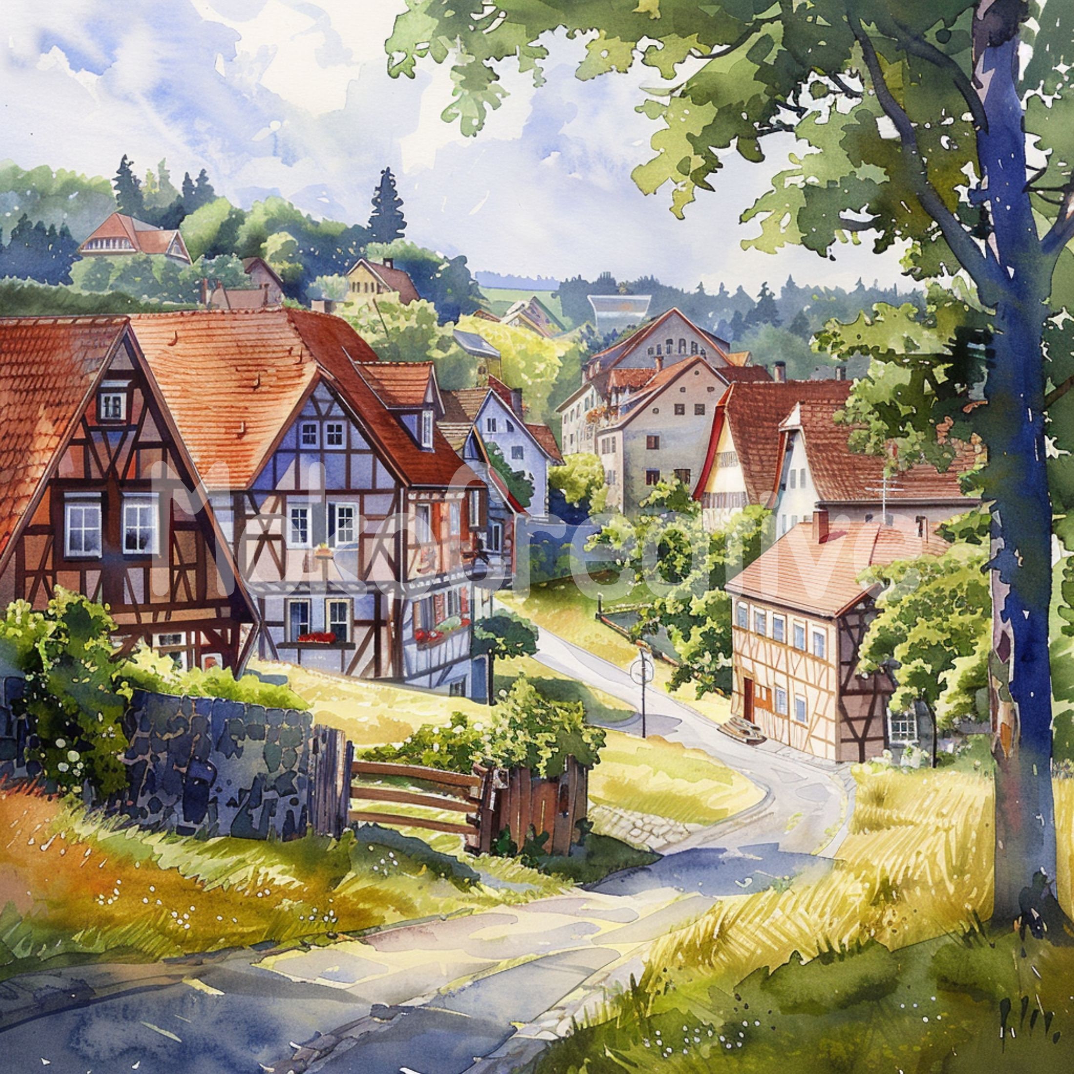 15 High Quality Summer Village Designs JPG, Watercolor Small Town, Wall ...