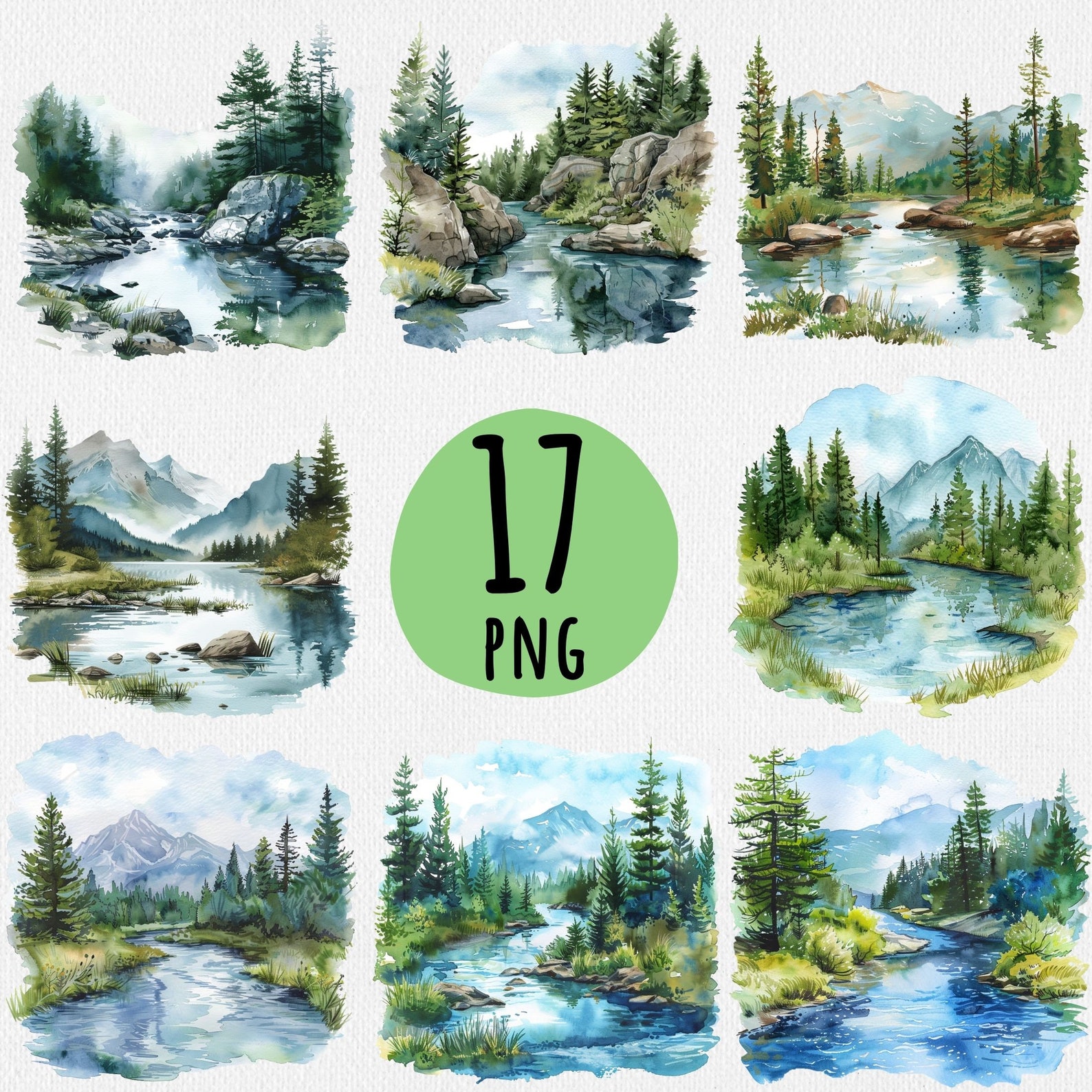 Watercolor River Landscape Clipart, 17 PNG, Digital Graphics, Forest ...