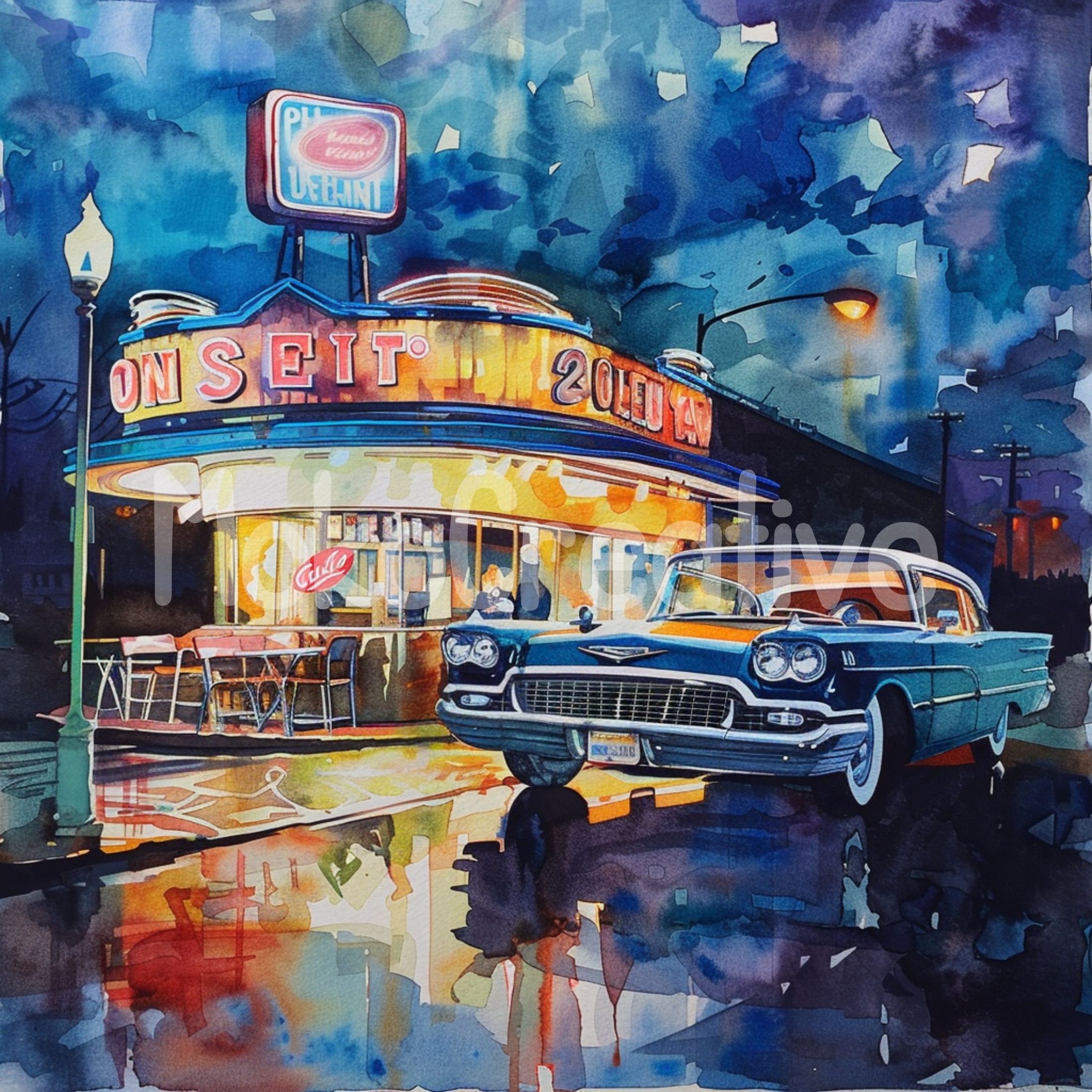 15 High Quality Retro Diner Designs, Watercolor American 70s Neon ...