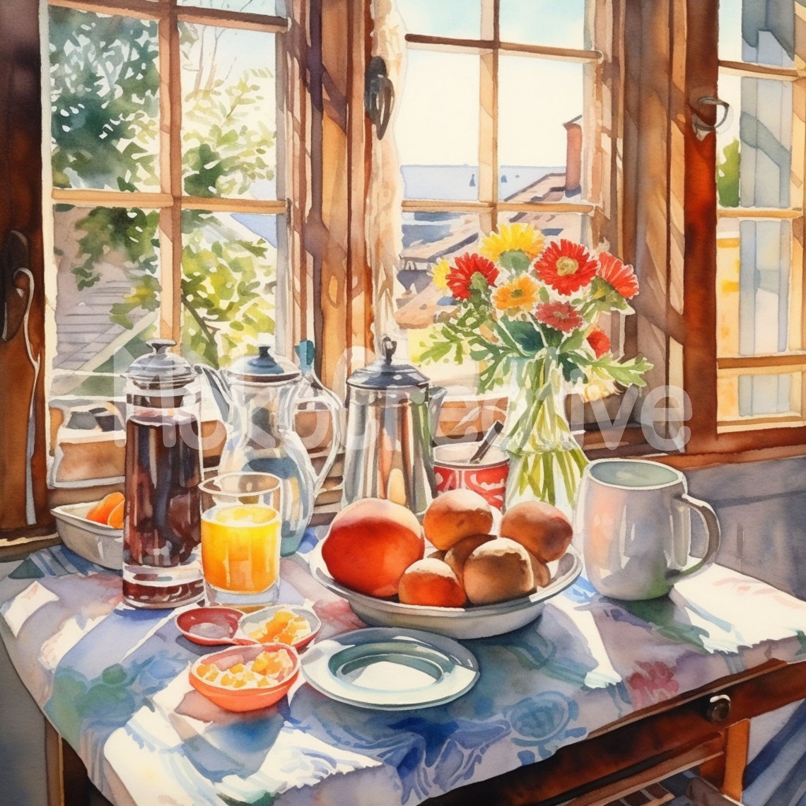 17 High Quality Breakfast Table Designs, Watercolor Morning Food Wall ...