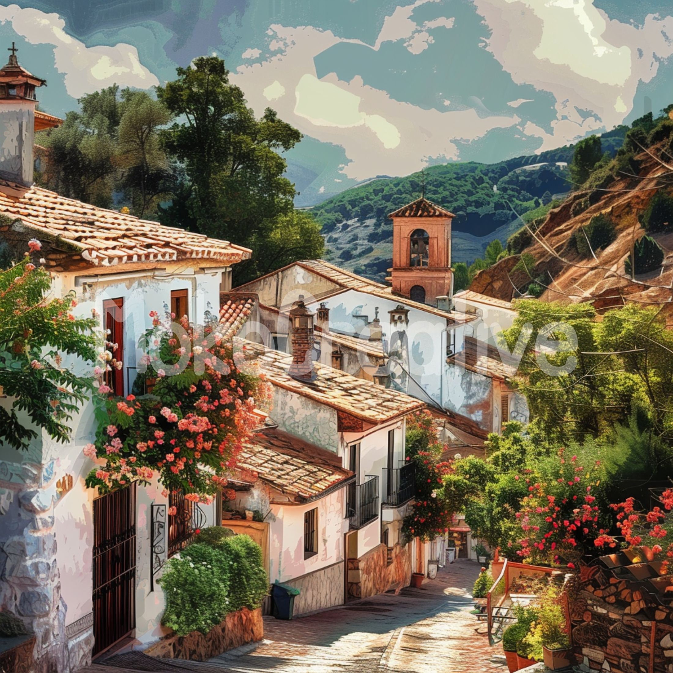 Spanish Village Watercolor Art Prints: Summer Town Designs (digital ...