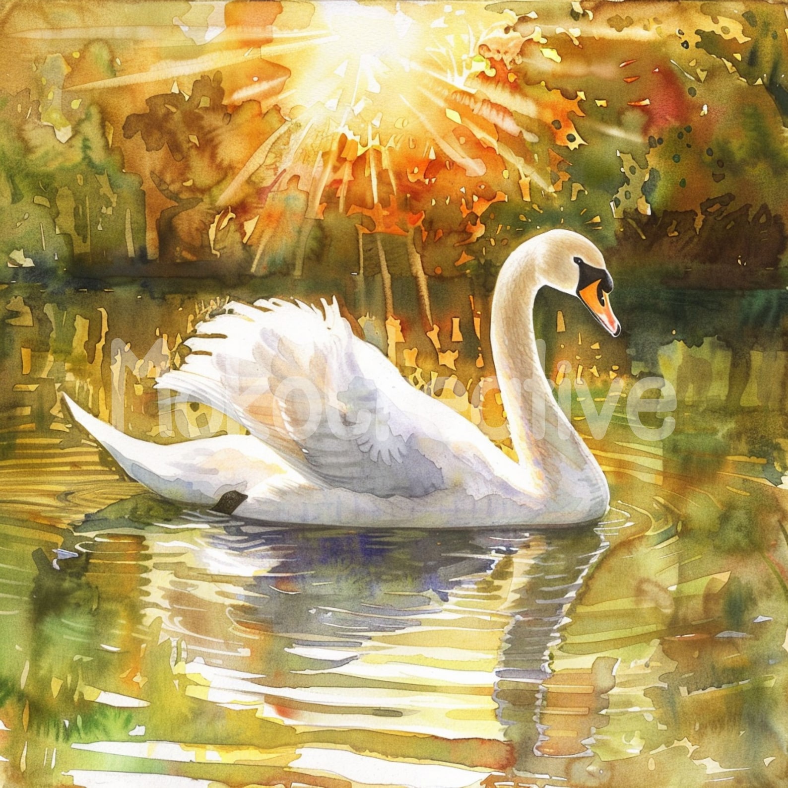Watercolor Swan Lake Art Prints, Elegant Bird Illustration (digital ...