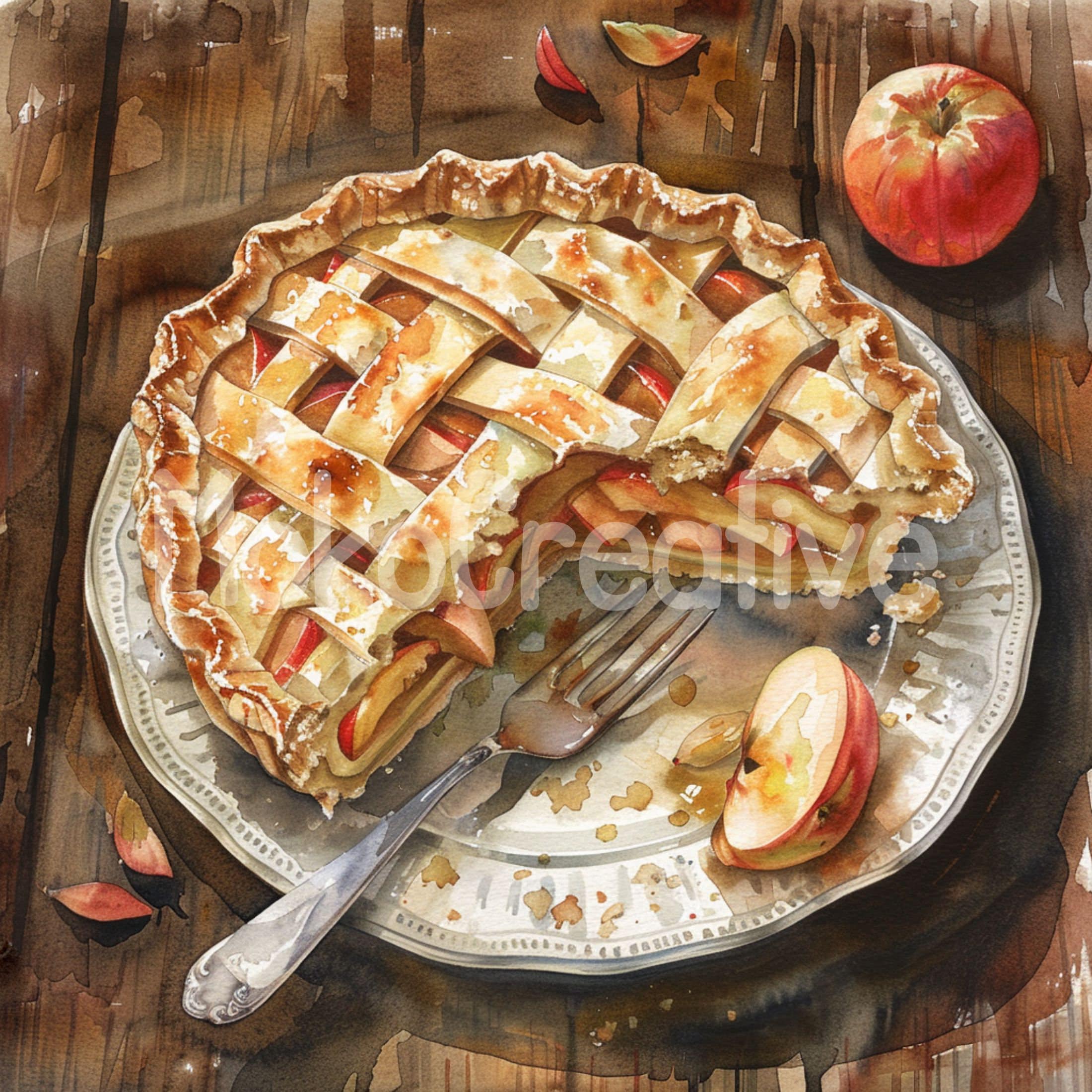 12 High Quality Apple Pie Design JPG, Watercolor Home Made Cake Wall ...