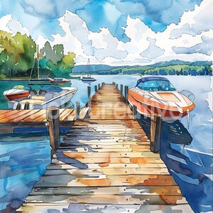 12 High Quality Lake Pier Designs JPG, Watercolor Summer Lake View ...