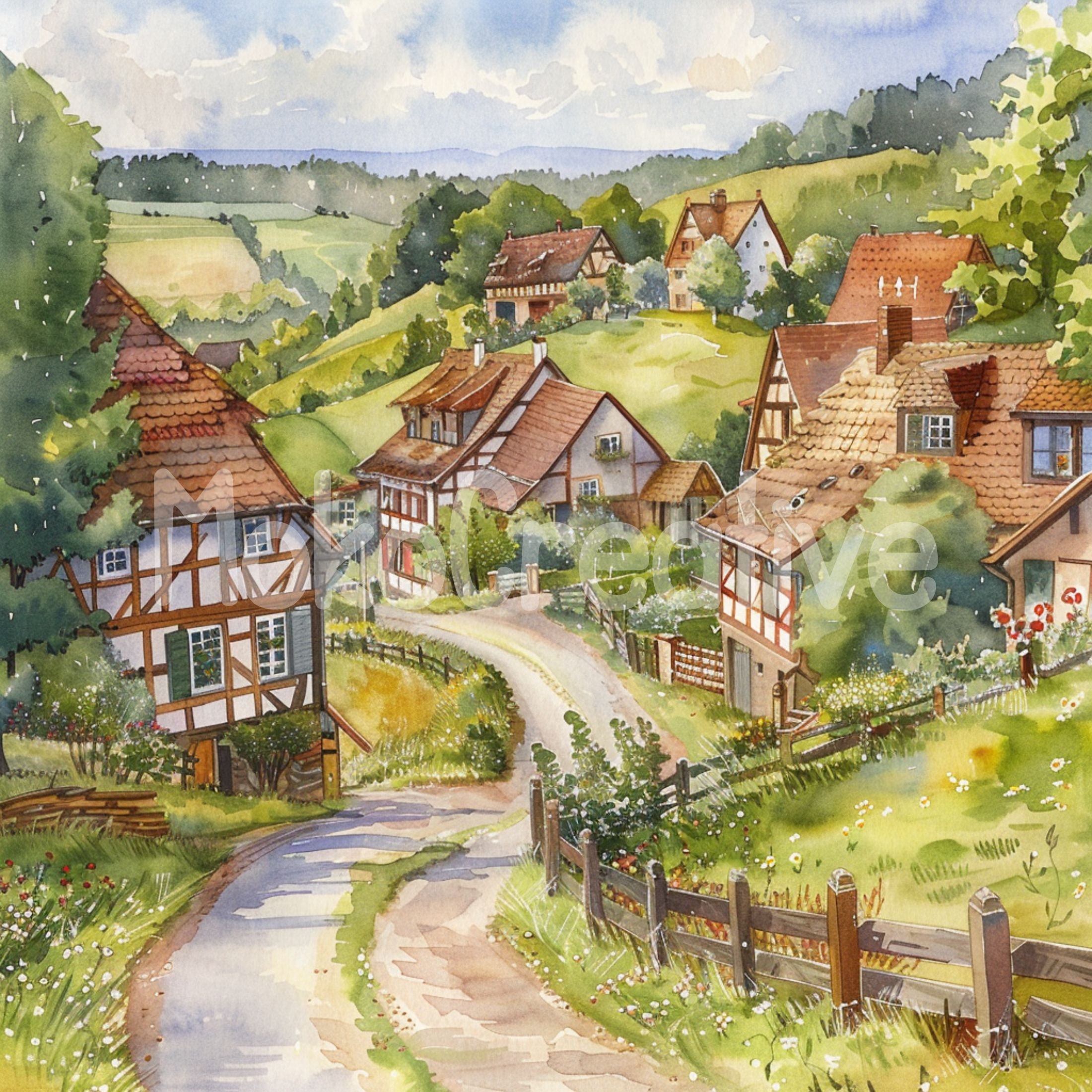 15 High Quality Summer Village Designs JPG, Watercolor Small Town, Wall ...