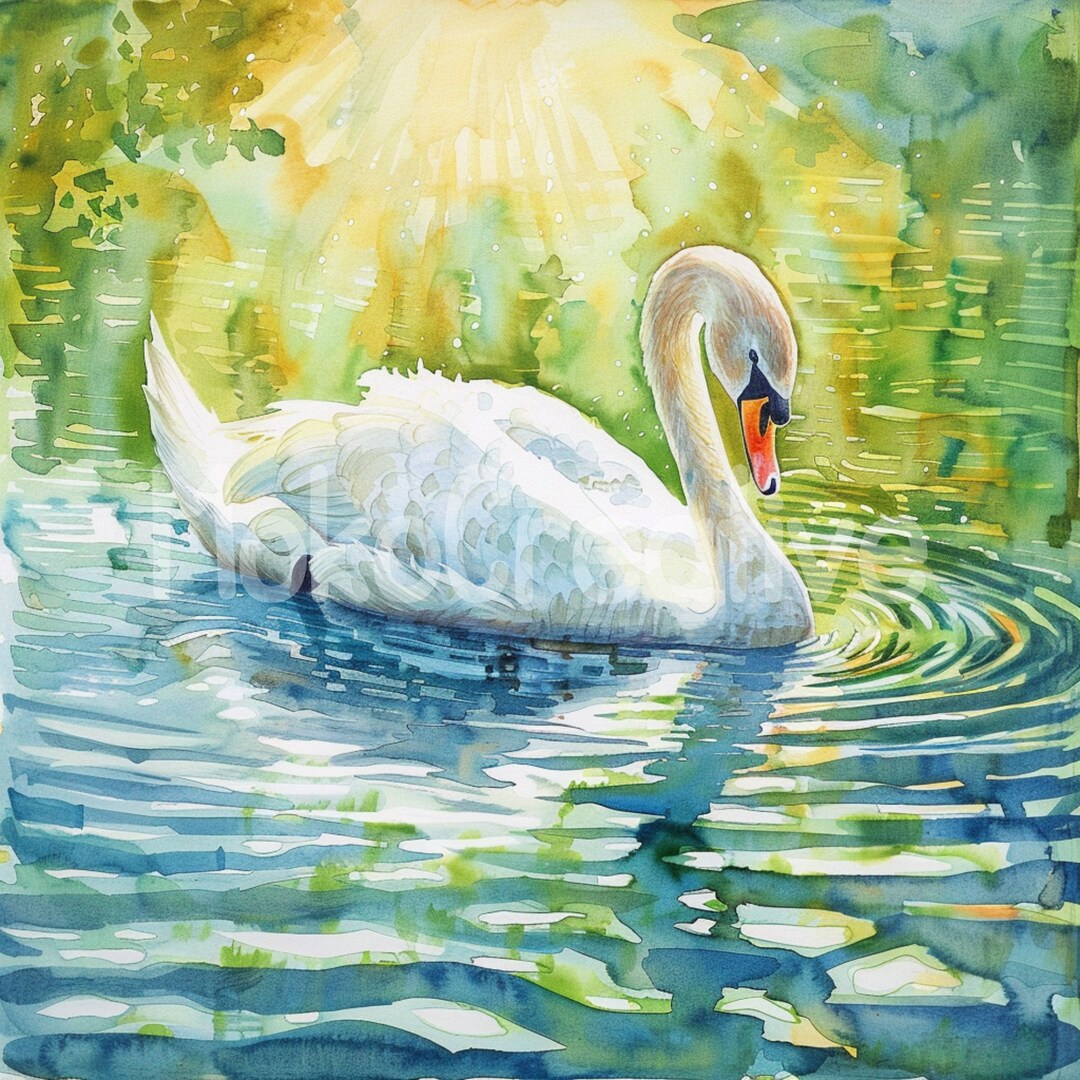 14 High Quality Swan in Lake Designs, Watercolor Swimming Swan Wall Art ...