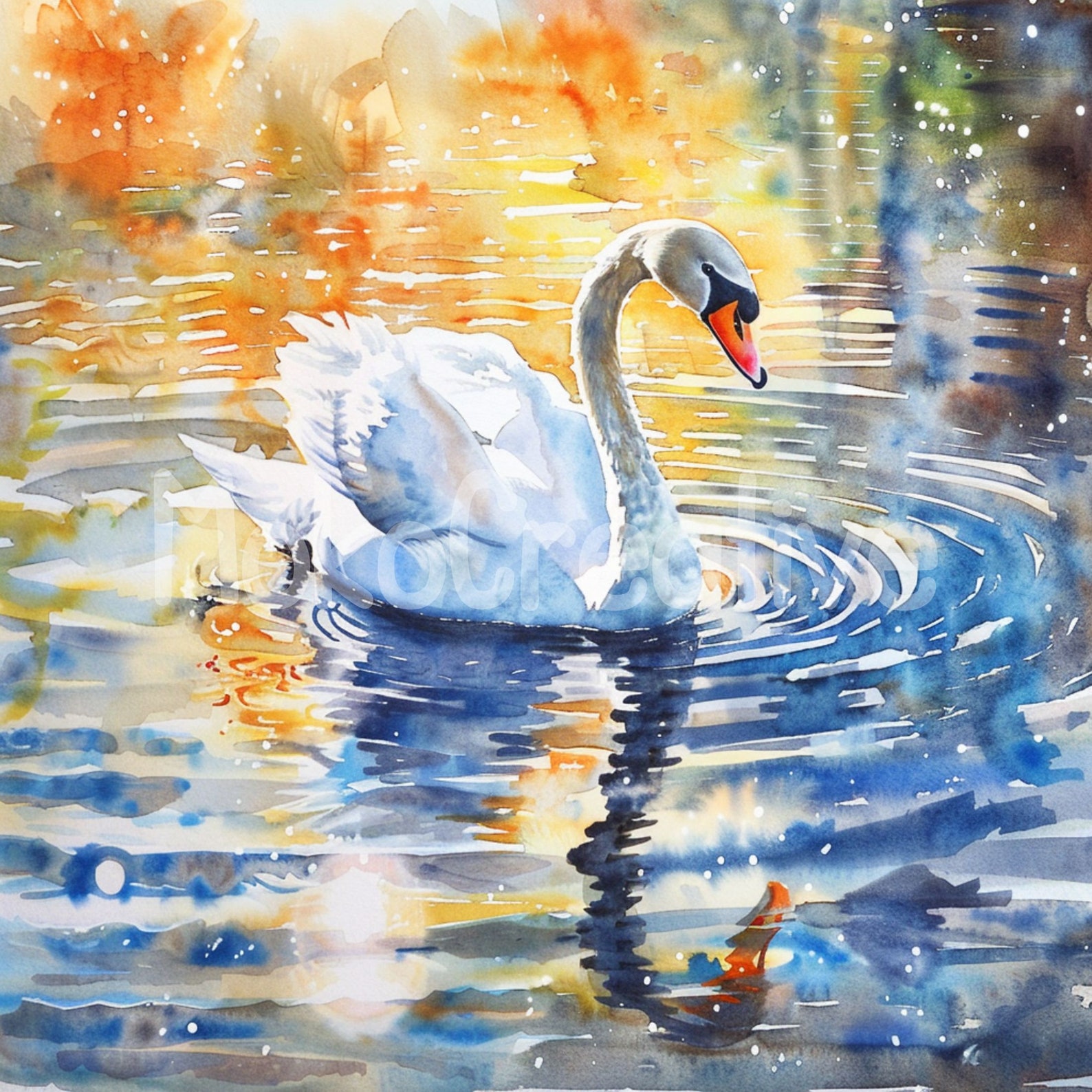 Watercolor Swan Lake Art Prints, Elegant Bird Illustration (digital ...