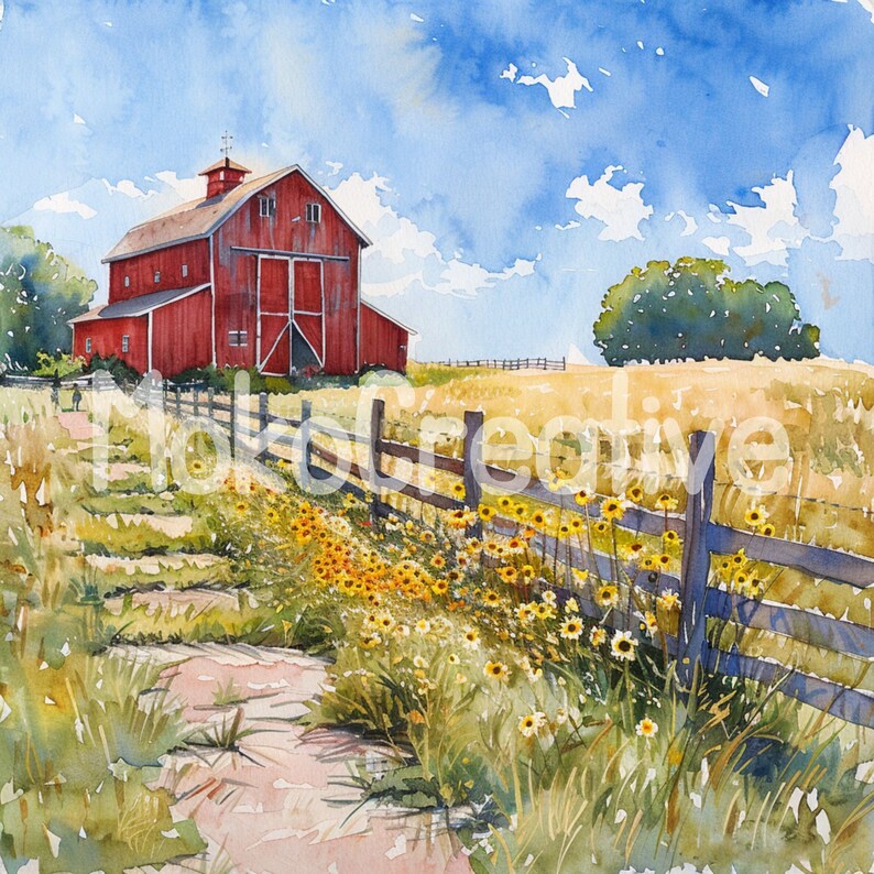 Red Barn Watercolor Clipart: Summer Farm Landscape (digital Download ...