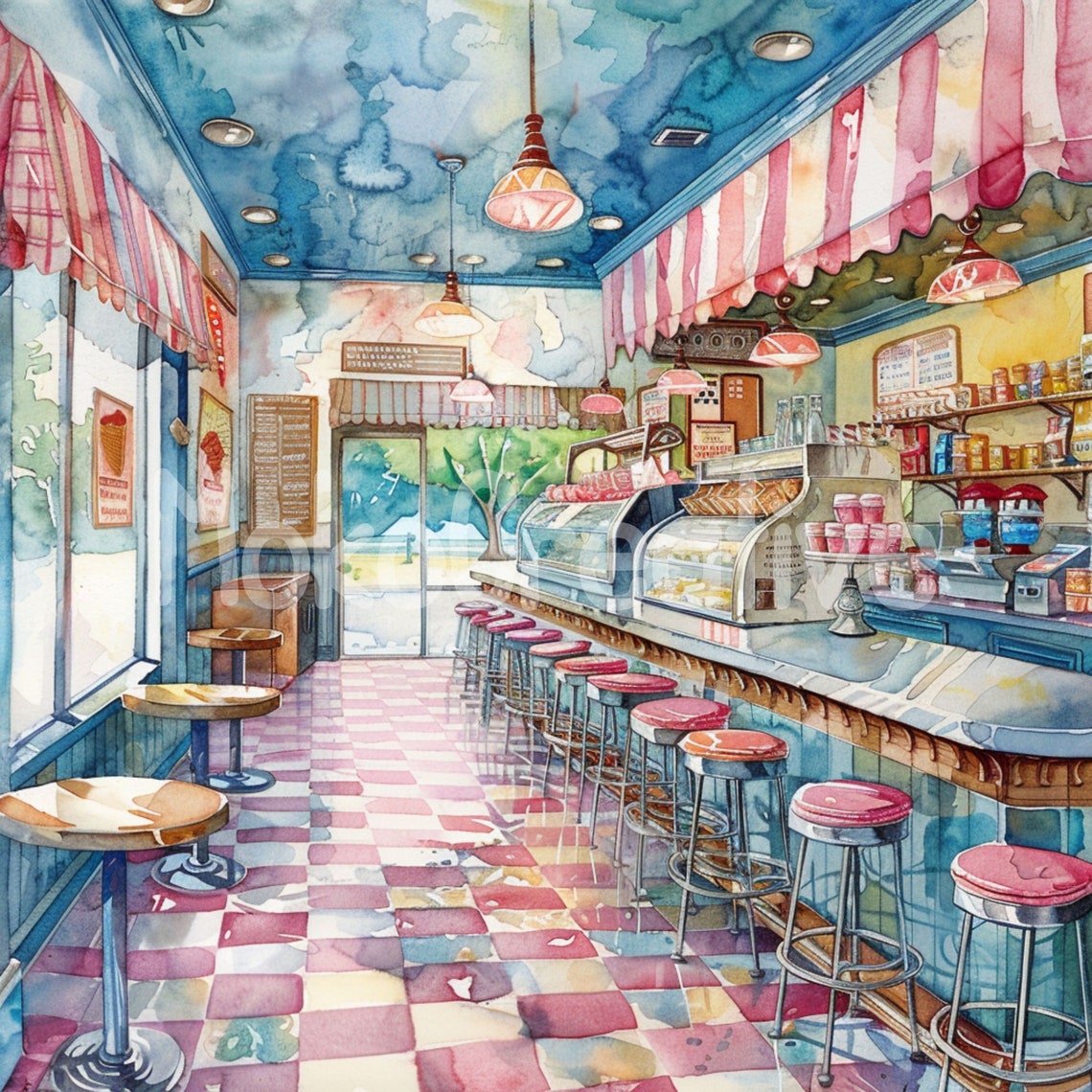 Retro Ice Cream Parlor Watercolor Art Print: Commercial Use (digital ...