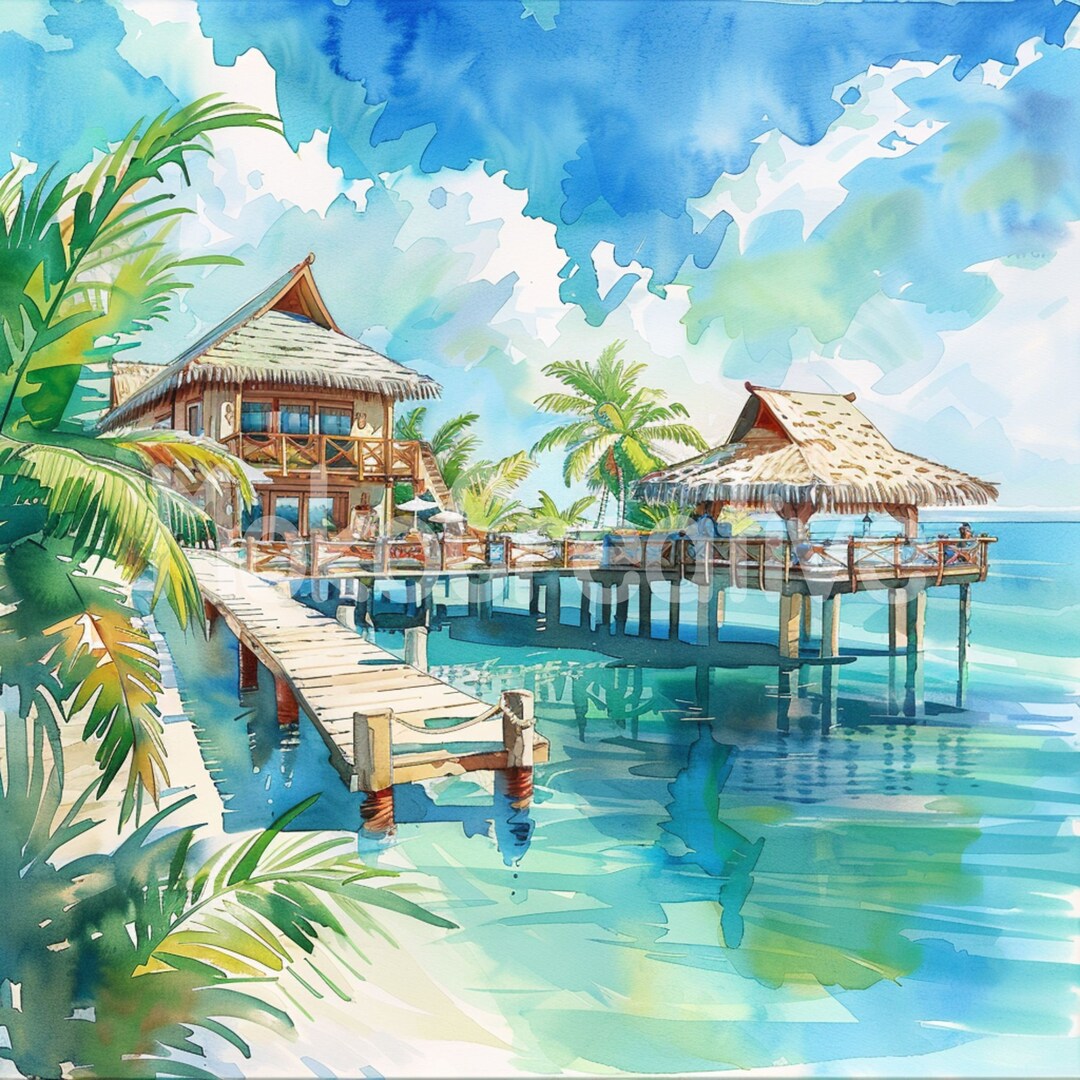 Watercolor Tropical Resort Clipart: Caribbean Vacation Designs (digital ...