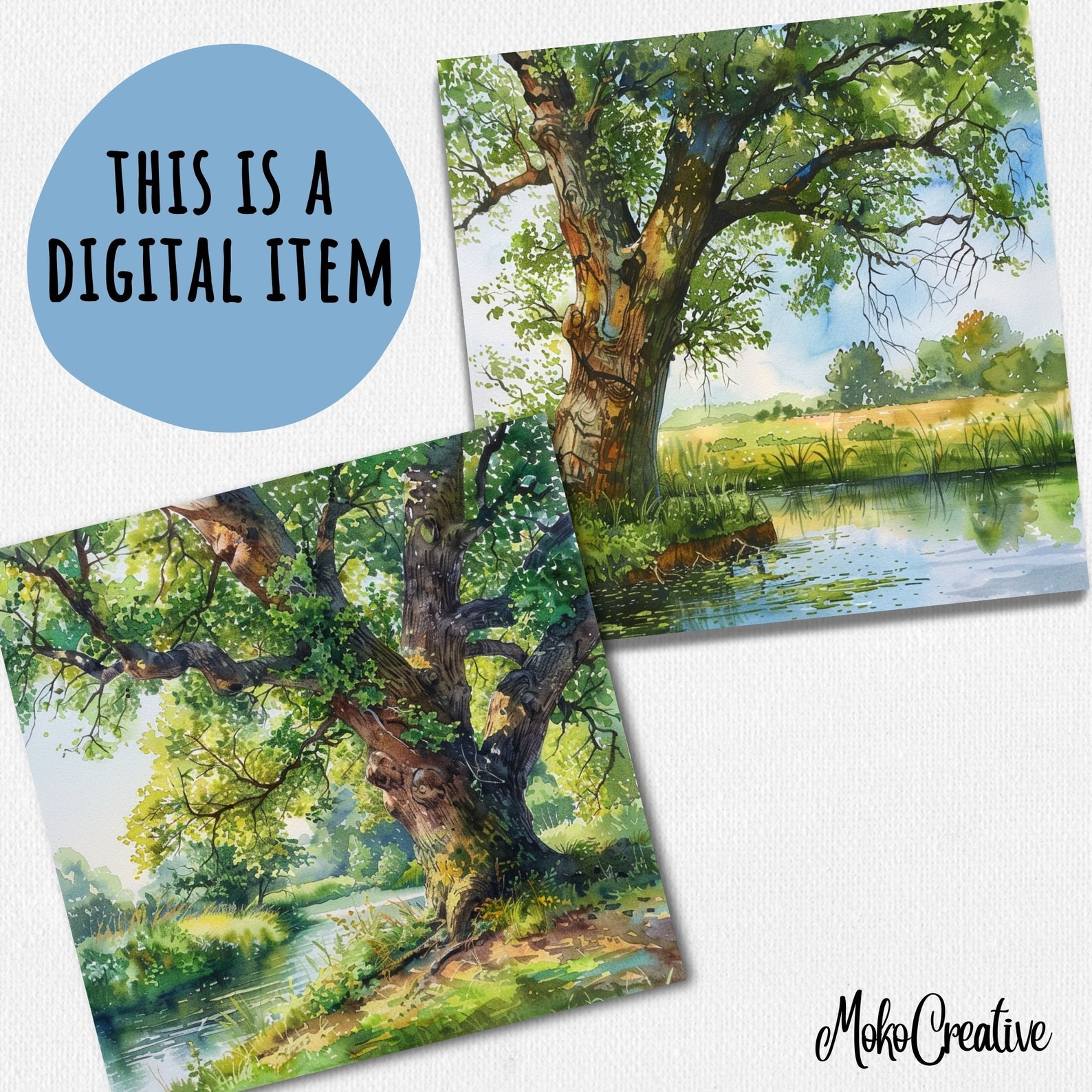 15 High Quality Big Tree Designs, Watercolor Summer Park, Tree by River ...