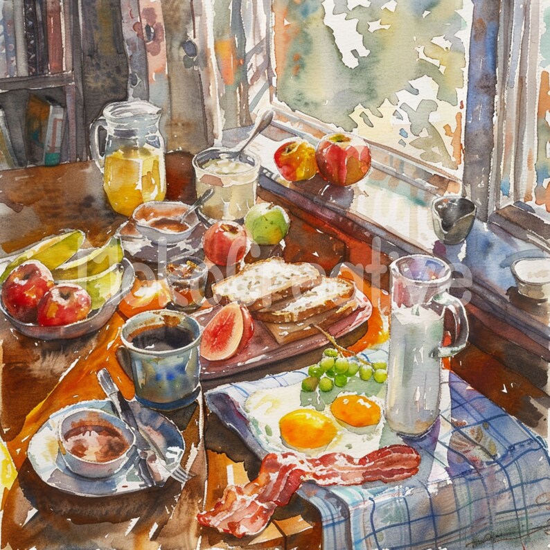 17 High Quality Breakfast Table Designs, Watercolor Morning Food Wall ...
