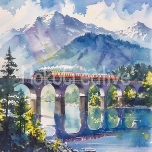 Watercolor Train Art Prints: Locomotive on Bridge Designs (digital ...