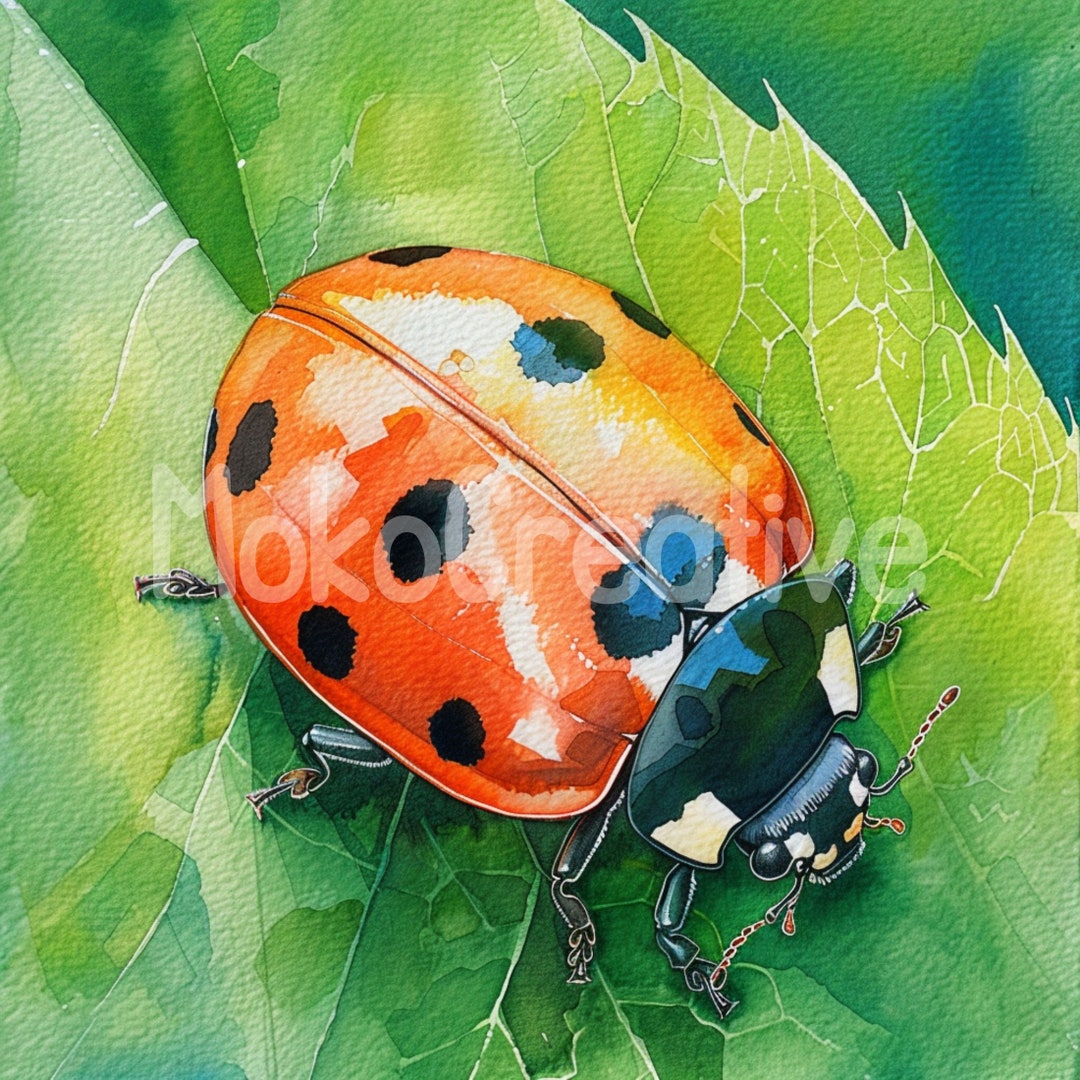 10 High Quality Lady Bug on Leaf Designs, Watercolor Summer Insect Wall ...