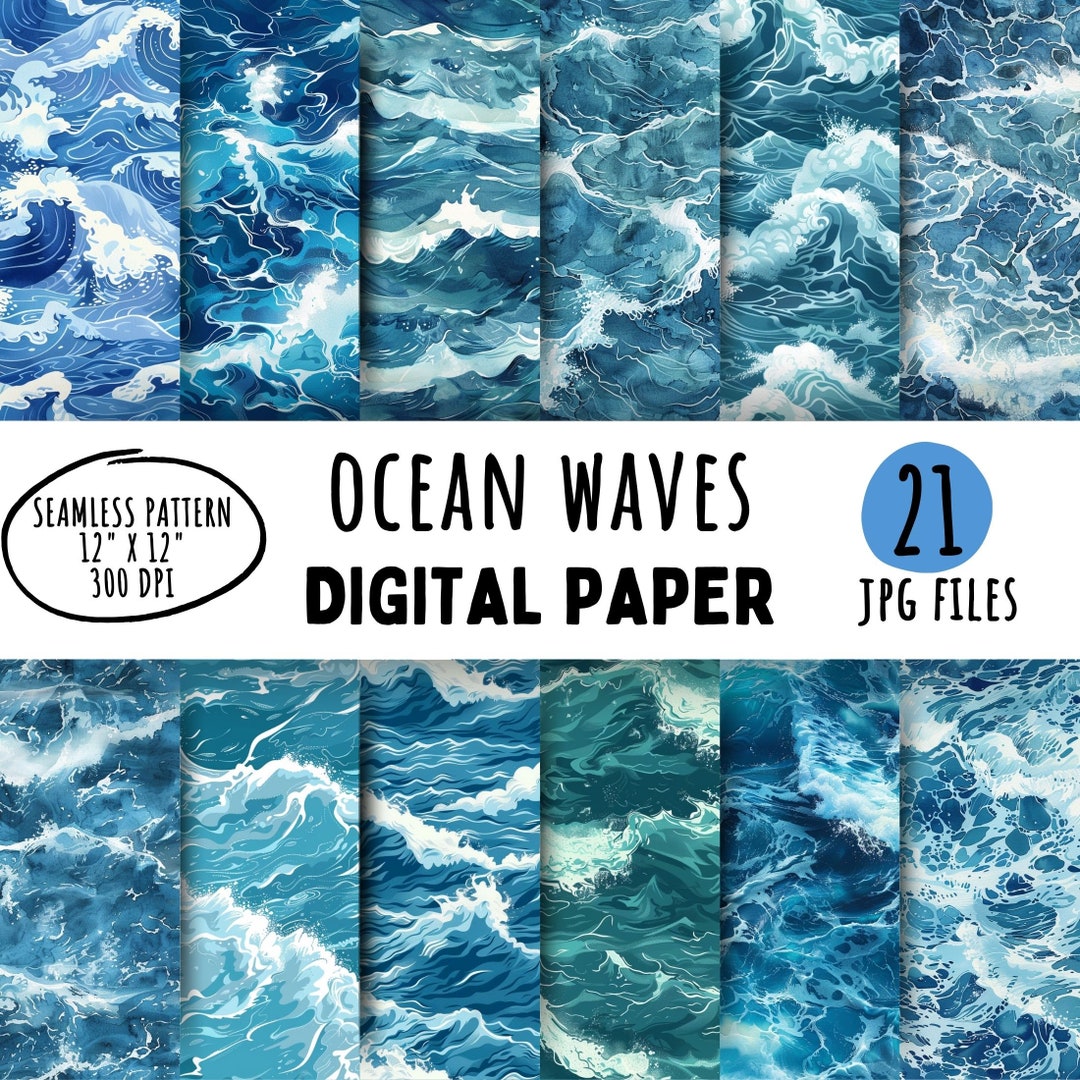 21 Ocean Waves Digital Papers, Seamless Rough Seas Pattern, Water Waves ...