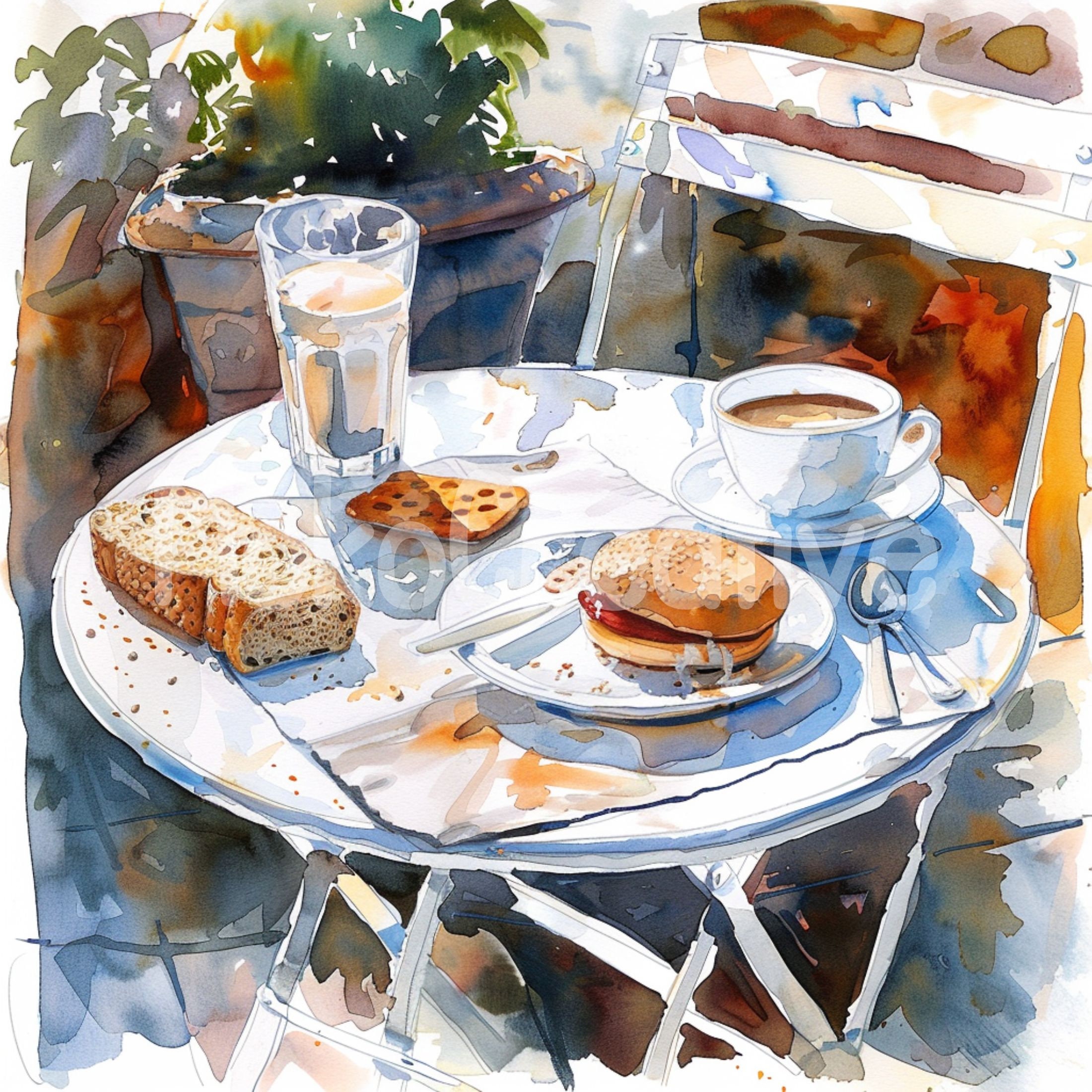 12 High Quality Café Table Designs, Watercolor Morning Coffee Breakfast ...