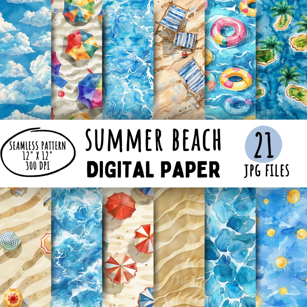 21 Summer Beach Digital Papers, Seamless Ocean Beach, Pool Water ...