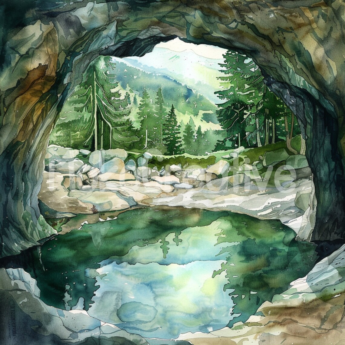16 High Quality Cave Entry Landscape Designs, Watercolor Scenery ...