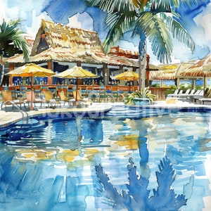 Watercolor Tropical Resort Clipart: Caribbean Vacation Designs (digital ...