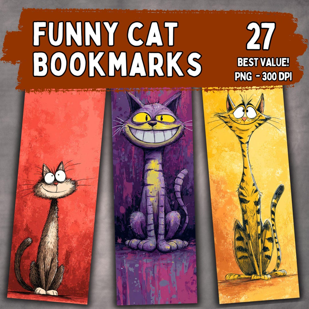Funny Cat Bookmarks 27 PNG, Cartoon Cat Bookmark Set, Instant Digital ...