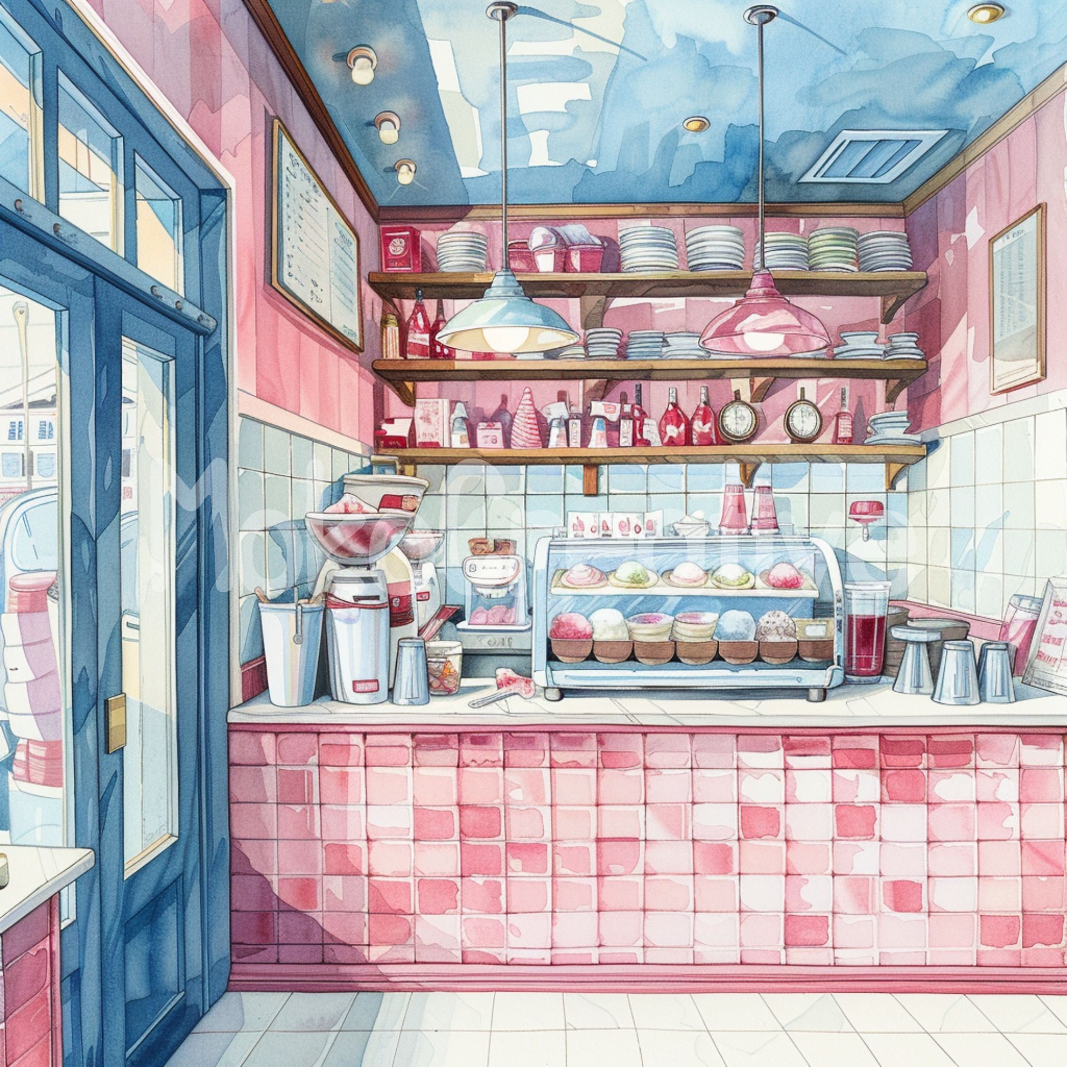 15 High Quality Retro Ice Cream Shop Design Watercolor Ice Cream Parlor ...