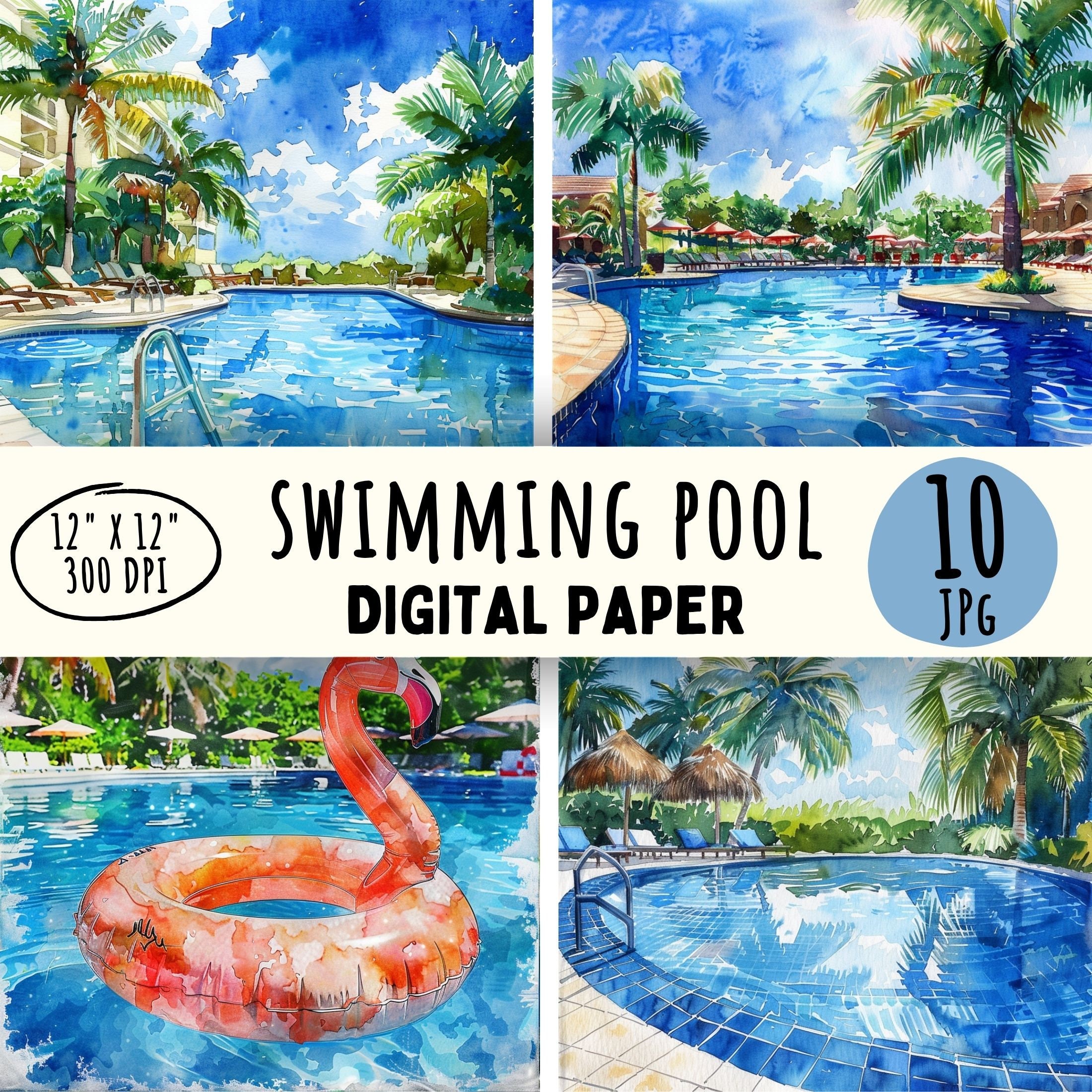 10 High Quality Swimming Pool Designs, Watercolor Summer Tropical ...