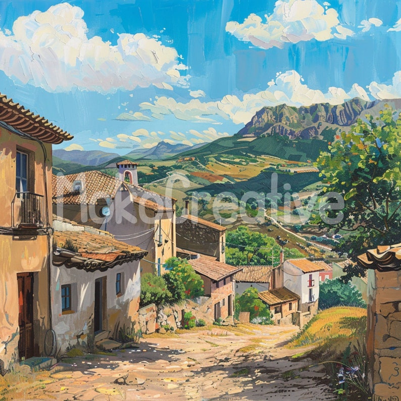 Spanish Village Watercolor Art Prints: Summer Town Designs (digital ...