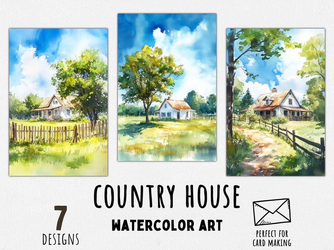 Watercolor Country House Designs, Summer Farm Life Clipart, Card Making ...